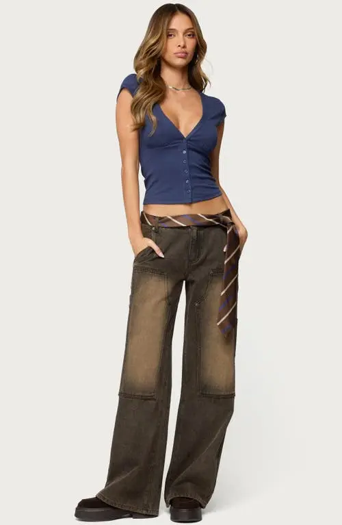 EDIKTED Alza Crop Stretch Cotton Blend Button-up Top - Navy
