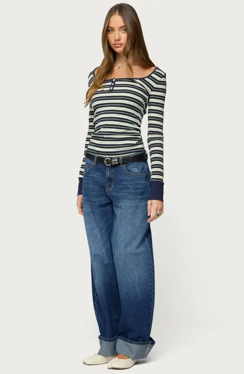 EDIKTED Jaida Stripe Stretch Cotton Henley Top