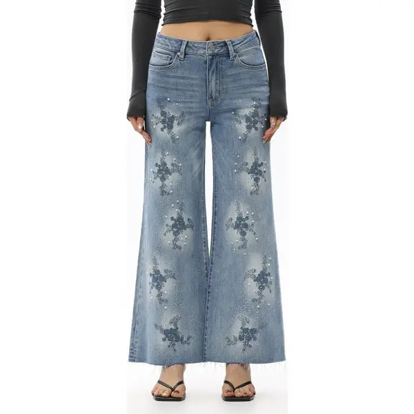BAYEAS Embroidered Beaded Wide Leg Jeans