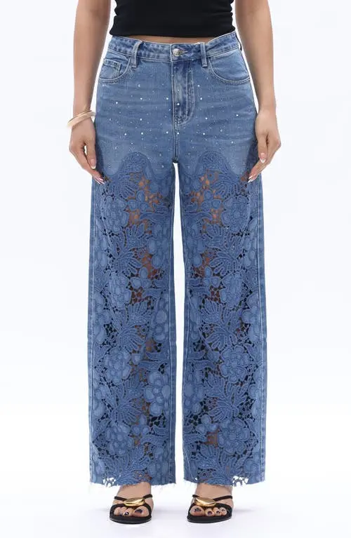 BAYEAS Floral Embroidered Wide Leg Jeans - Medium Blue