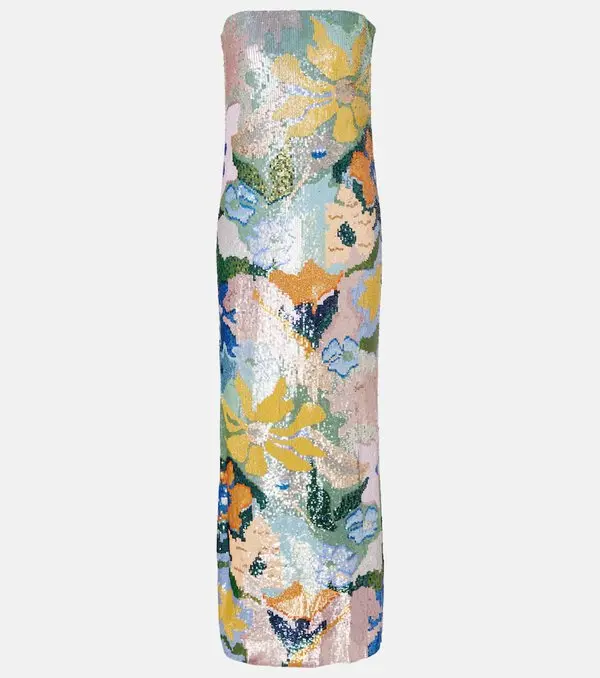 LA FUORI Floral Sequined Strapless Gown