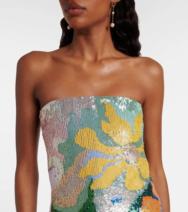 LA FUORI Floral Sequined Strapless Gown