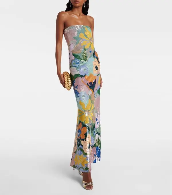 LA FUORI Floral Sequined Strapless Gown