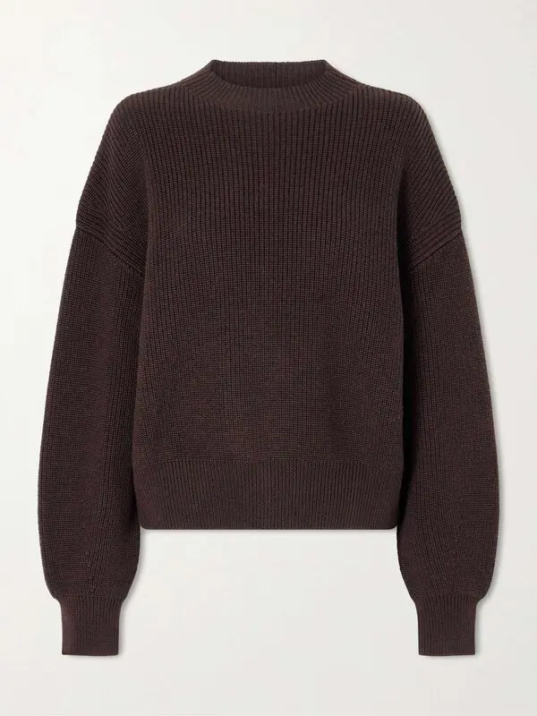 Another Tomorrow Ribbed Merino Wool Pullover Sweater - Dark Brown