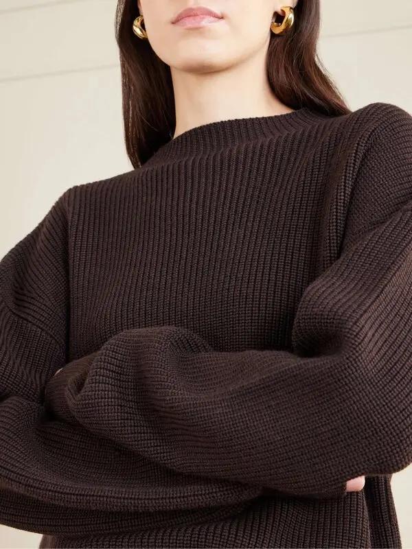 Another Tomorrow Ribbed Merino Wool Pullover Sweater - Dark Brown