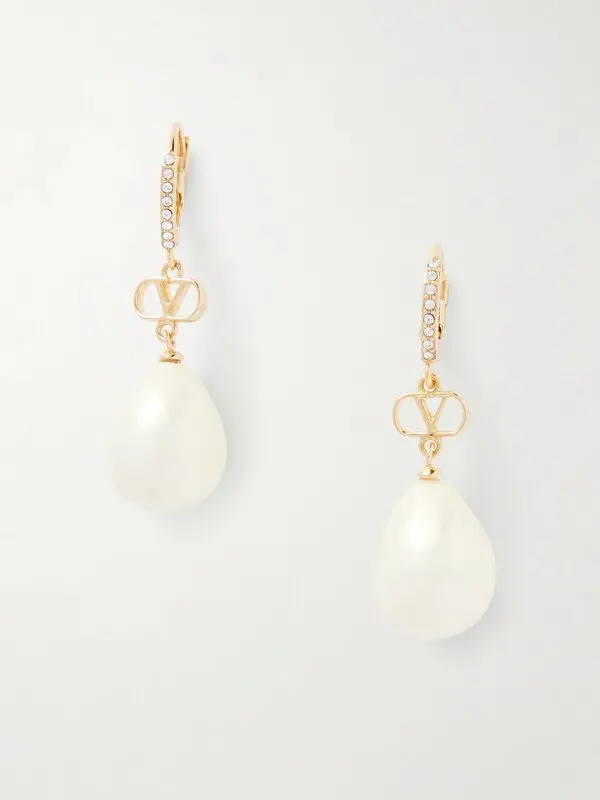 Valentino Garavani Vlogo Crystal And Faux Pearl Earrings - Gold