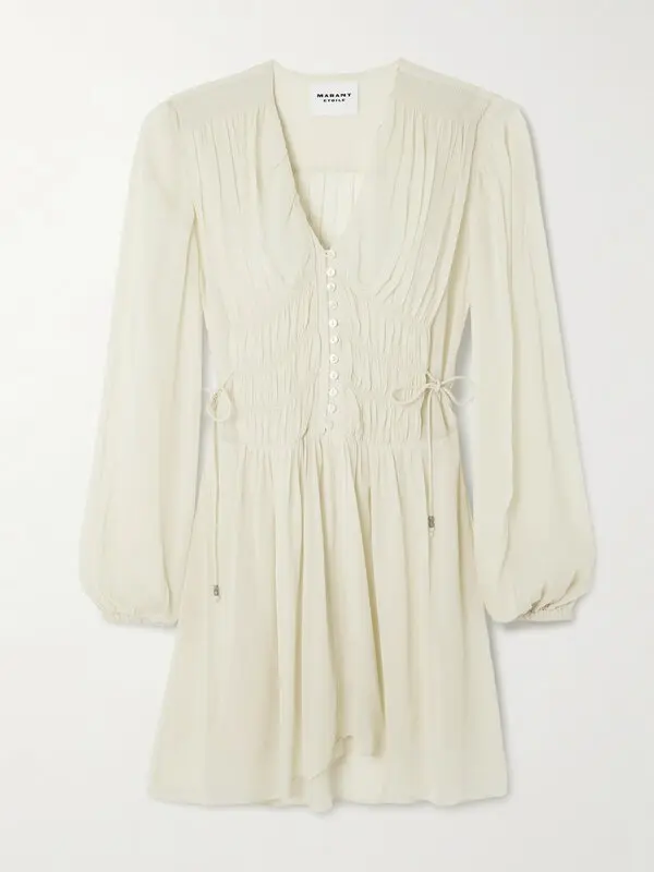 MARANT ETOILE Loriena Tie-detailed Ruched Crepe De Chine Mini Dress - Neutrals