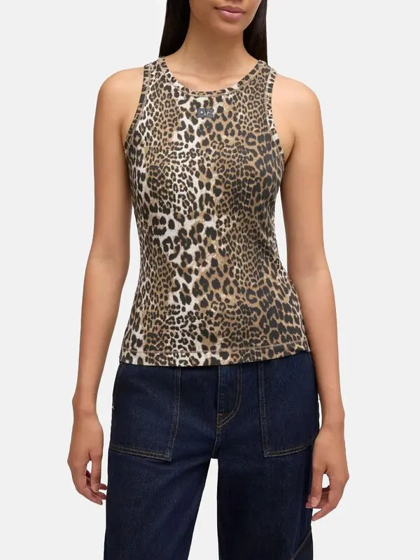 GANNI Leopard Print Ribbed Tank Top - Brown