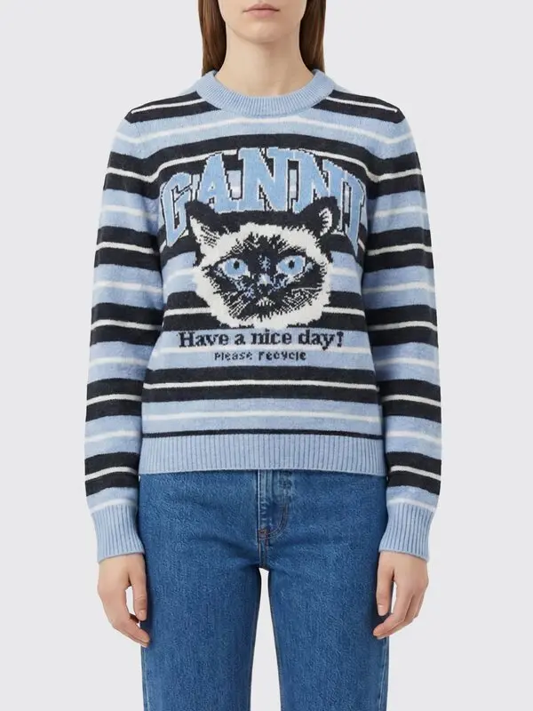 GANNI Striped Knit Sweater With Graphic Detail - Gnawed Blue