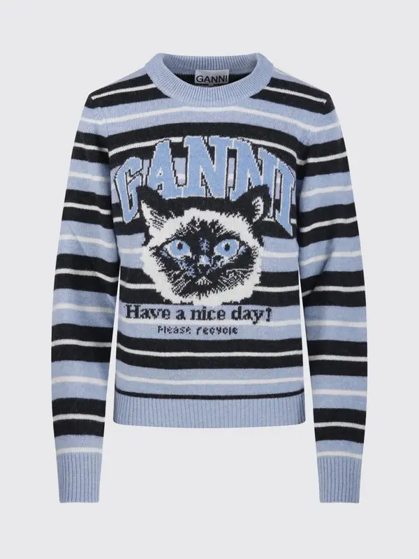 GANNI Striped Knit Sweater With Graphic Detail - Gnawed Blue