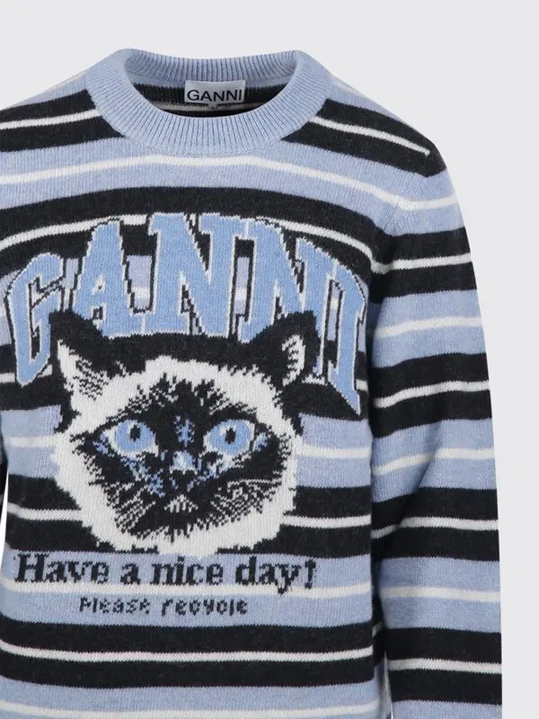 GANNI Striped Knit Sweater With Graphic Detail - Gnawed Blue