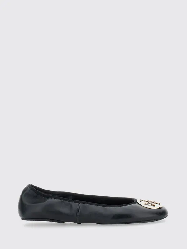 Tory Burch Reva Smooth Leather Ballet Flats With Double T Metallic Logo - Black