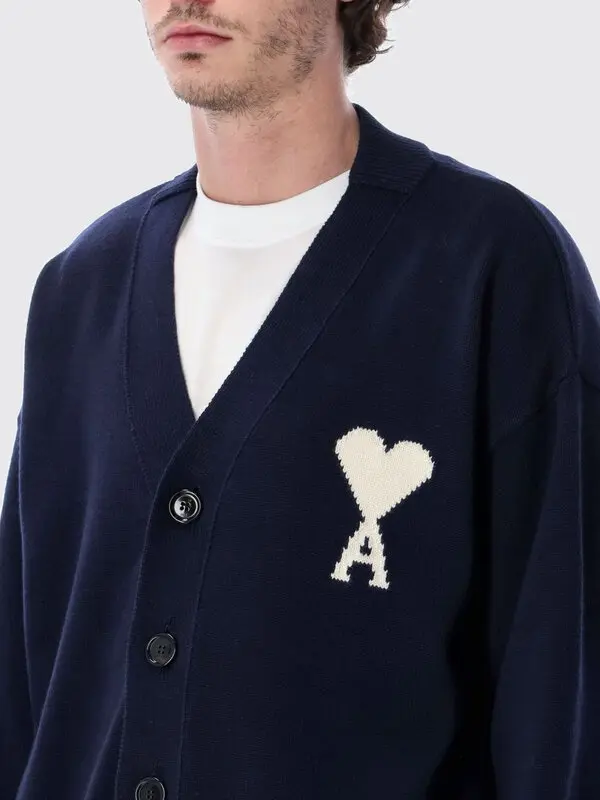 AMI Paris Cardigan With Embroidered Logo - Beige