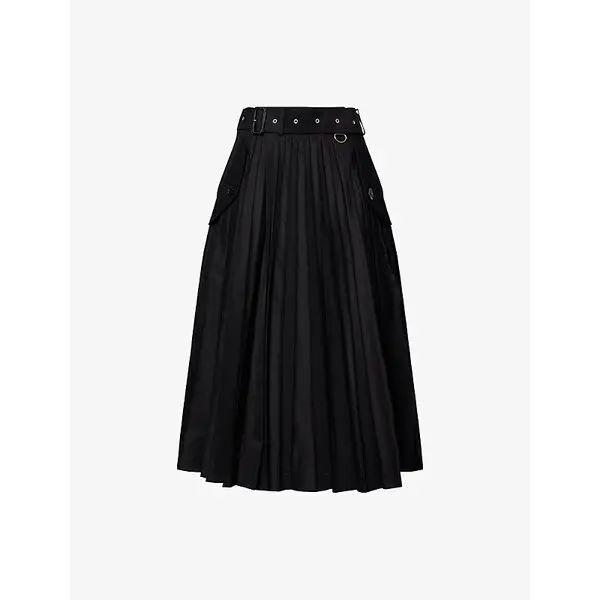 Sacai Pleated Belted Cotton-blend Midi Skirt - Black