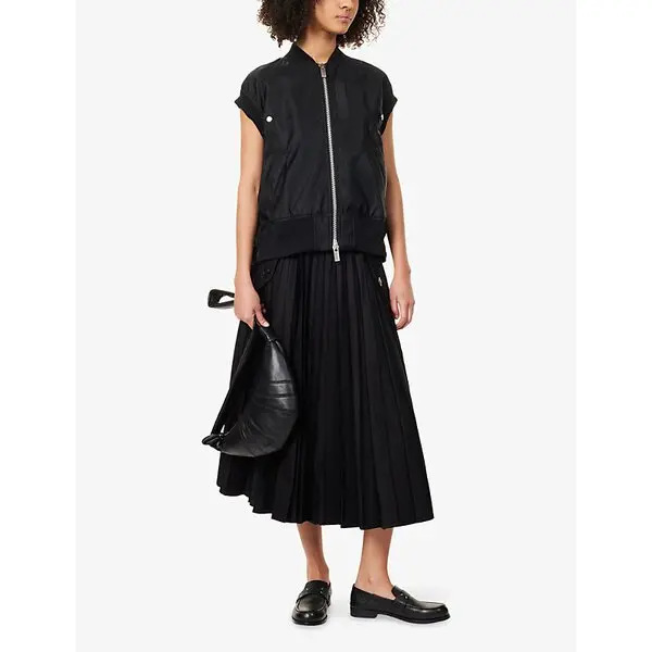 Sacai Pleated Belted Cotton-blend Midi Skirt - Black