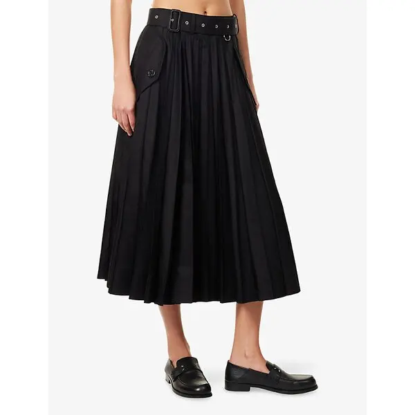 Sacai Pleated Belted Cotton-blend Midi Skirt - Black