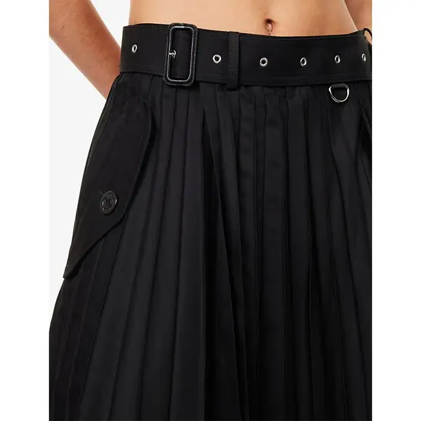 Sacai Pleated Belted Cotton-blend Midi Skirt - Black