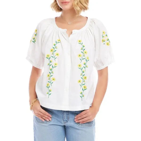 Karen Kane Floral Embroidered Cotton Peasant Top