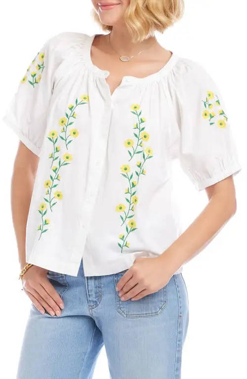Karen Kane Floral Embroidered Cotton Peasant Top