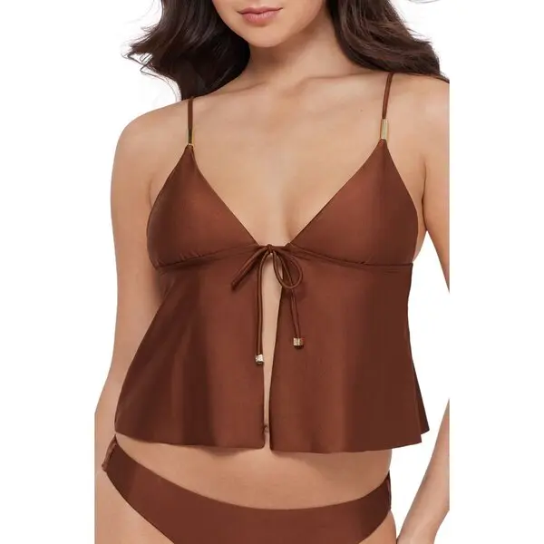 Steve Madden Tie Front Crop Tankini Top - Oak Brown