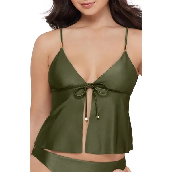 Steve Madden Tie Front Crop Tankini Top - Olive