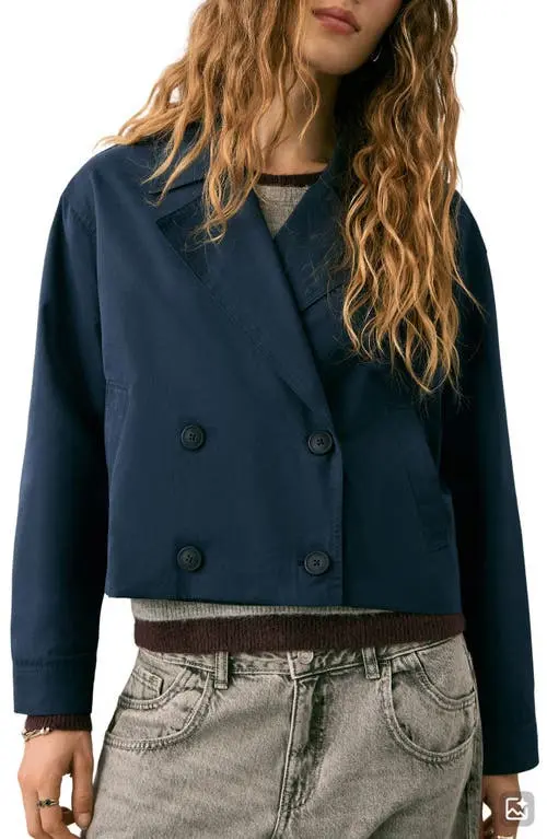 Mango Double Breasted Crop Jacket - Navy