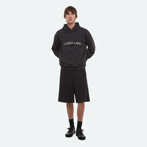 Helmut Lang Plaid Logo Cotton Fleece Hoodie - Vintage Black