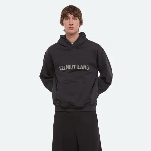 Helmut Lang Plaid Logo Cotton Fleece Hoodie - Vintage Black