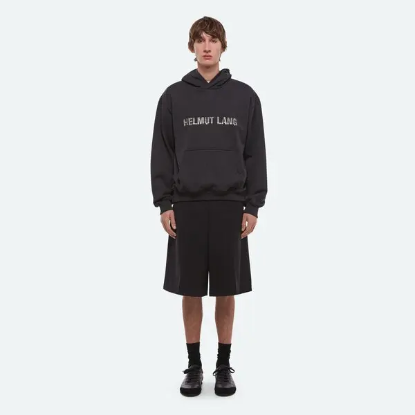 Helmut Lang Plaid Logo Cotton Fleece Hoodie - Vintage Black