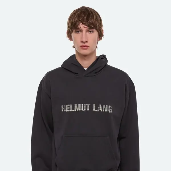 Helmut Lang Plaid Logo Cotton Fleece Hoodie - Vintage Black