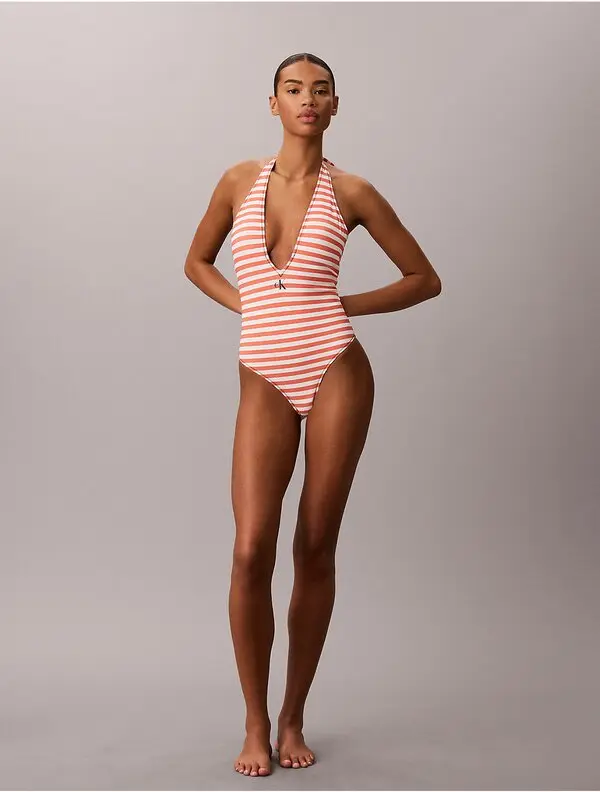 Calvin Klein Graphic Monogram Swim Plunge One Piece - Acorn Orange Stripe