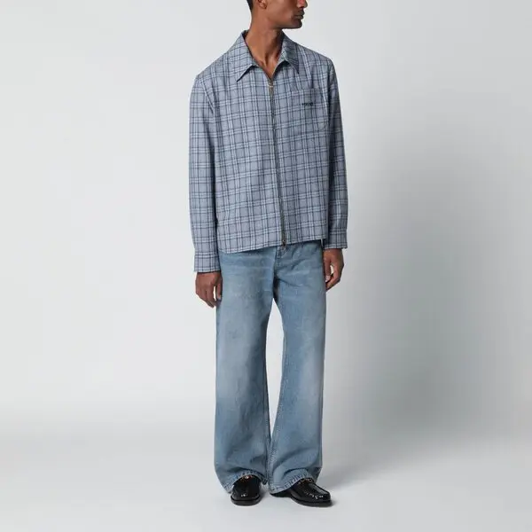 Versace Light Blue Zip-up Checked Shirt