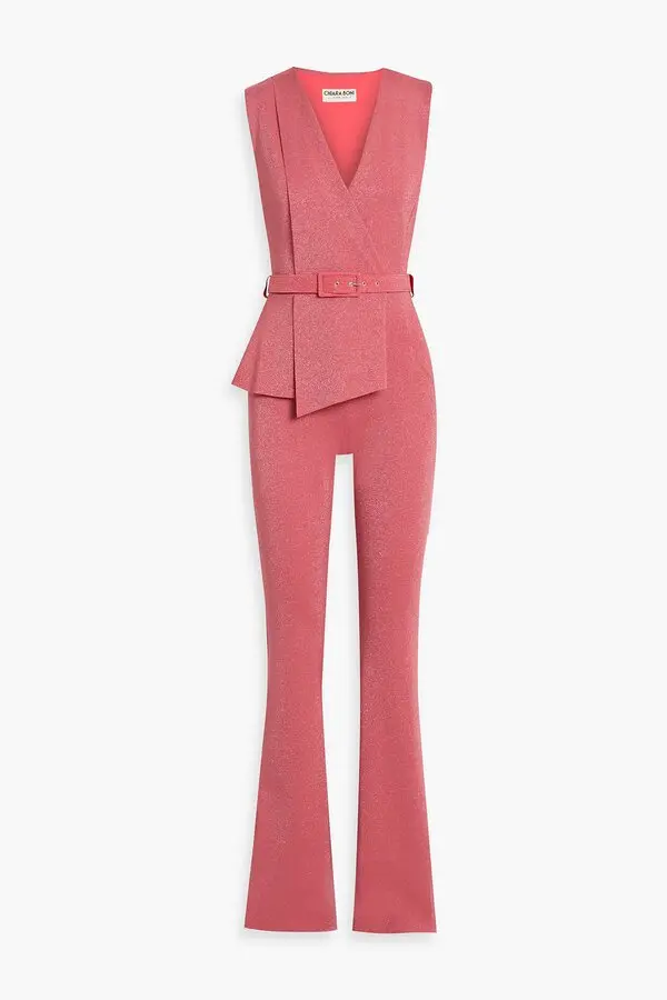 Chiara Boni La Petite Robe Kerolyn Belted Metallic Stretch-knit Jumpsuit - Coral