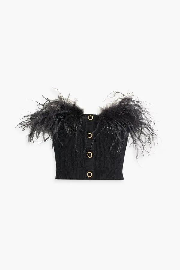 Alessandra Rich Strapless Feather-embellished Ribbed Wool Top - Black