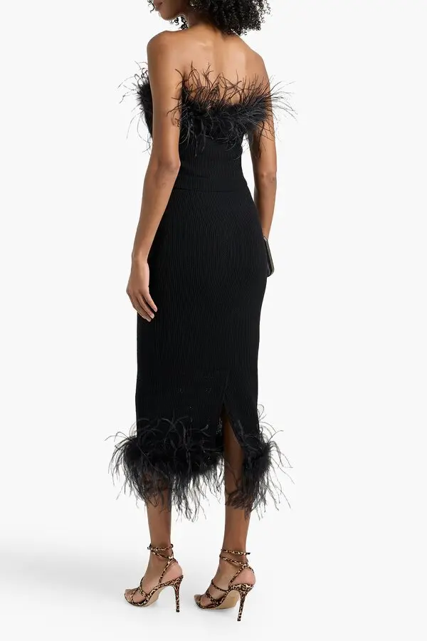 Alessandra Rich Strapless Feather-embellished Ribbed Wool Top