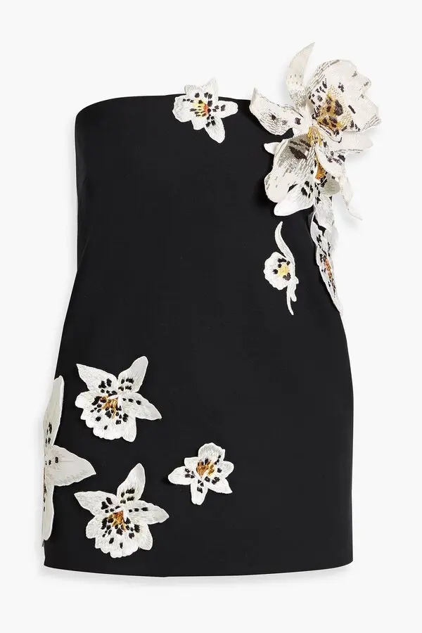 Oscar De La Renta Strapless Floral Appliquéd Wool-blend Top - Black