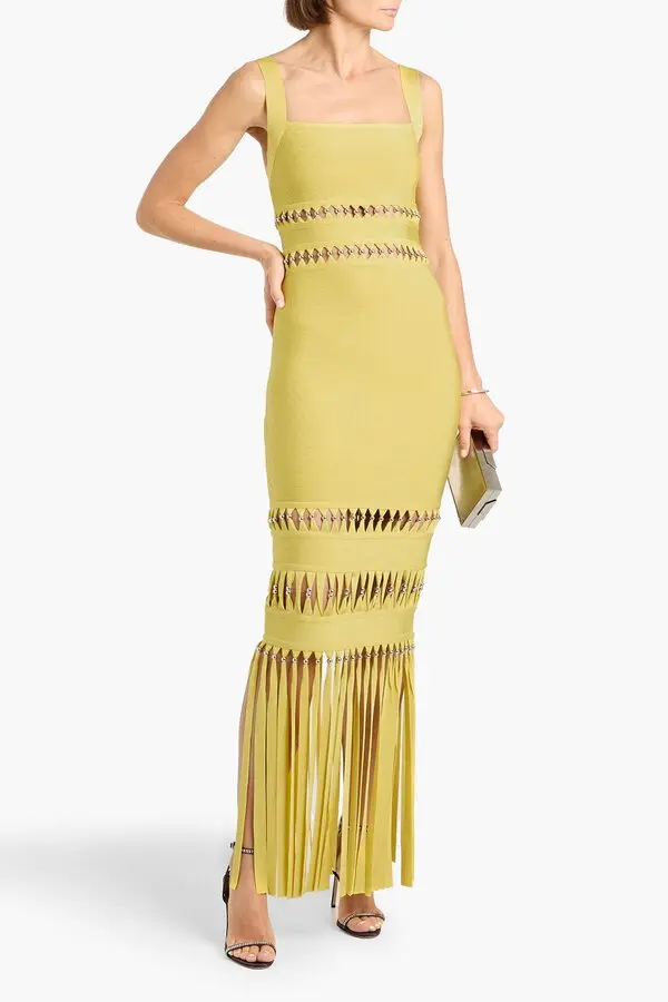 Herve Leger Ines Bead-embellished Fringed Gown - Chartreuse