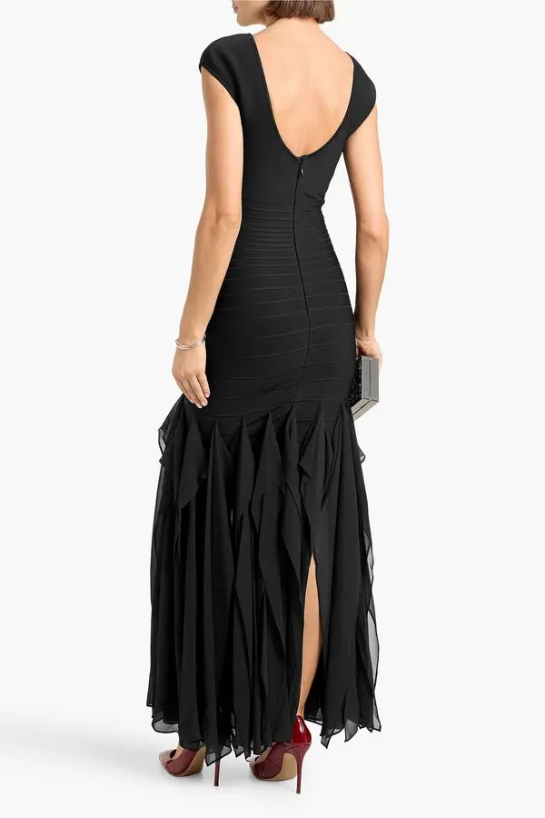 Herve Leger Ruffled Georgette And Bandage Gown - Black