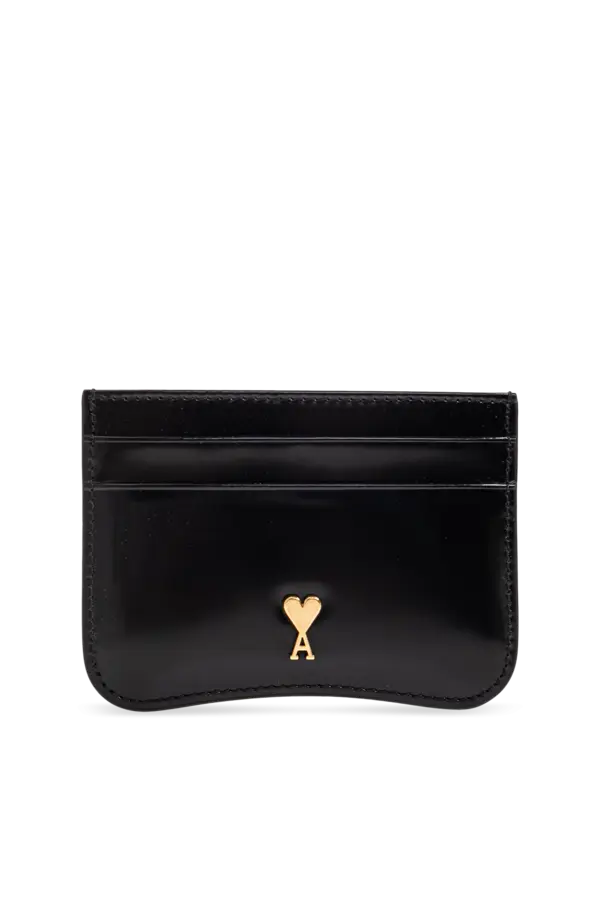 Ami Leather Card Holder With Logo - Black