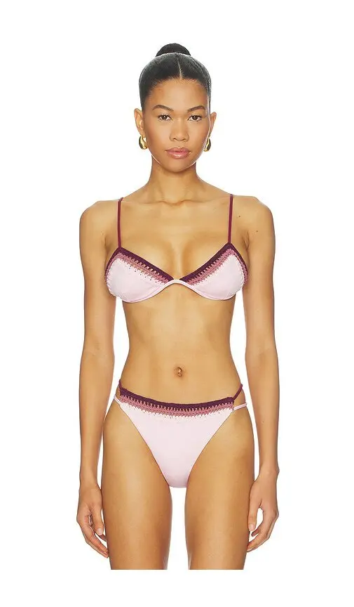 LESLIE AMON Garis Trim Bikini Top - Pink  Deep Red & White