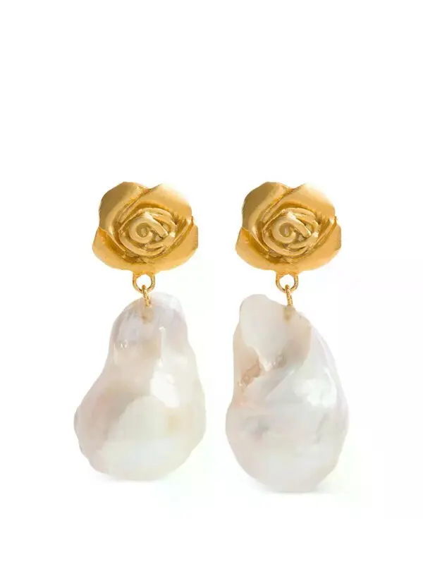 FREYA ROSE Rose-detail Baroque Pearl Drop Earrings - Gold