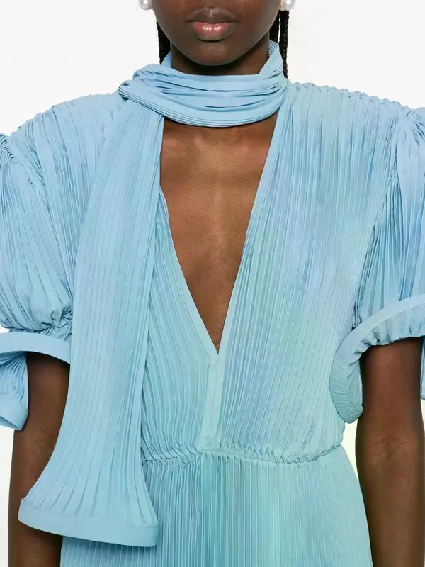 ROWEN ROSE Pleated Puffy-sleeve Midi Dress