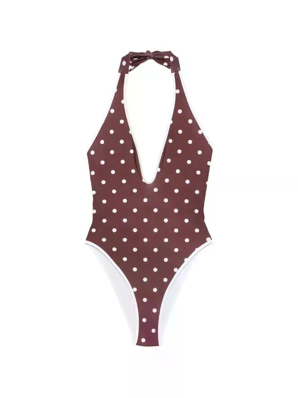ROWEN ROSE V-neck Polka Dot One Piece Swimsuit - Brown