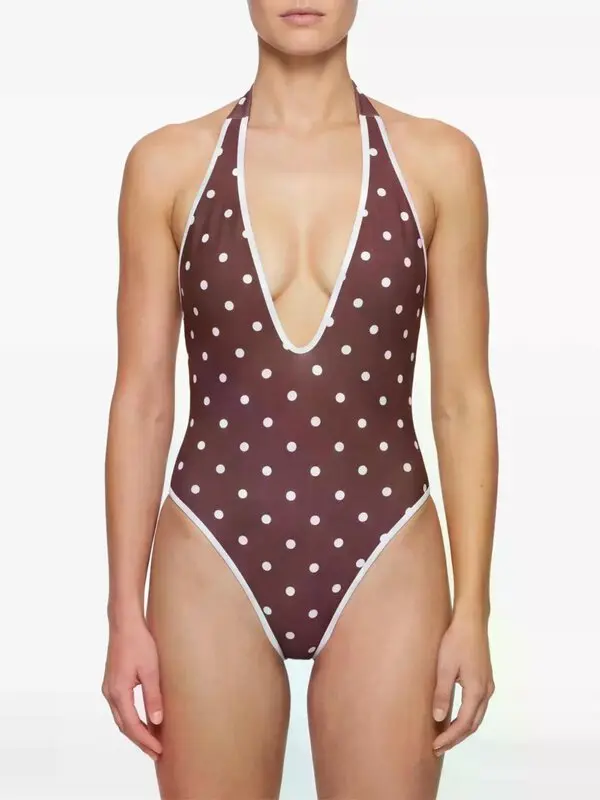 ROWEN ROSE V-neck Polka Dot One Piece Swimsuit - Brown