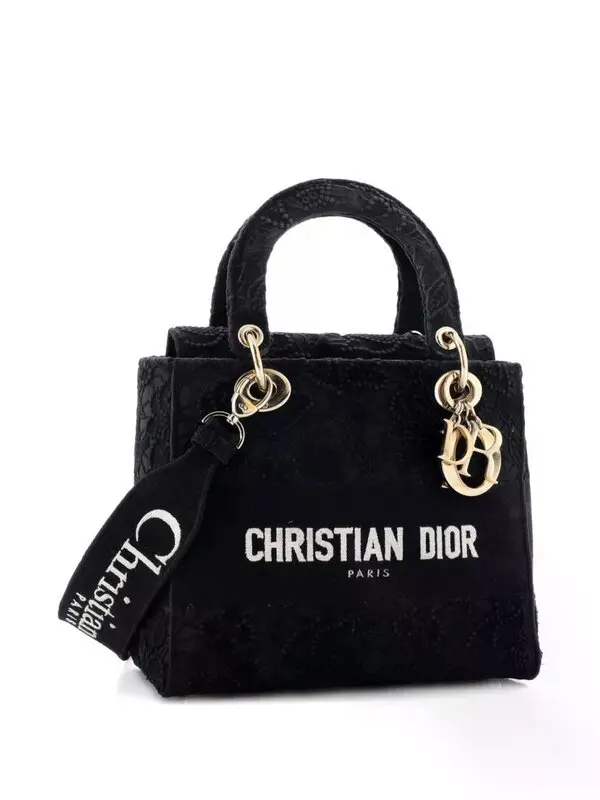 Dior Lady D-lite Medium Shoulder Bag Embroidery With Macrame Effect - Black