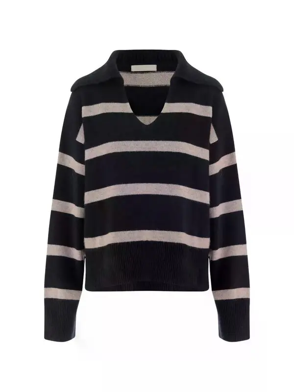 ALLUDE Striped V-neck Sweater - Black