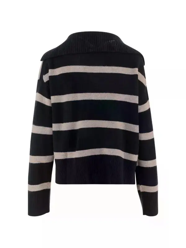 ALLUDE Striped V-neck Sweater - Black