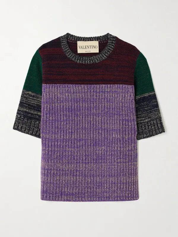 Valentino Garavani Color-block Metallic Ribbed Wool-blend Sweater - Purple