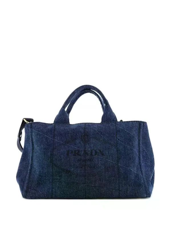 Prada Canapa Convertible Denim Medium Tote Bag - Blue