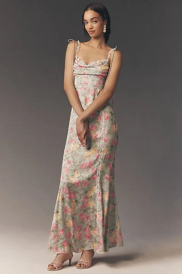 For Love & Lemons Courtney Satin Maxi Dress - Green Pattern